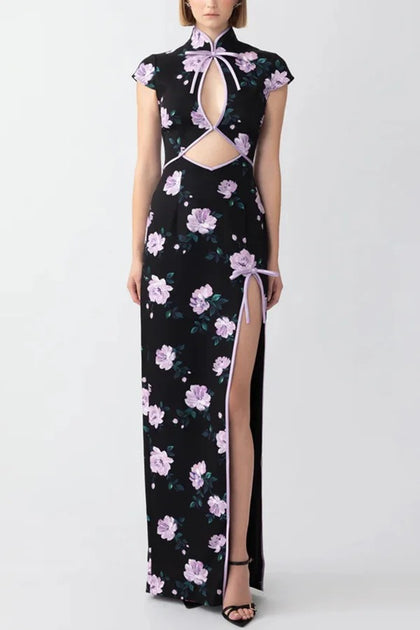 Lavender Flower Print Cutout Bow Details Thigh-high Slit Cheongsam Max ...